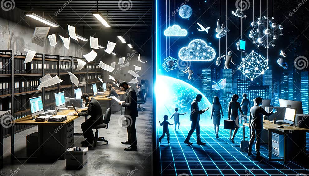 Split Scene from Paperwork Office To Luminous Digital Space Stock ...