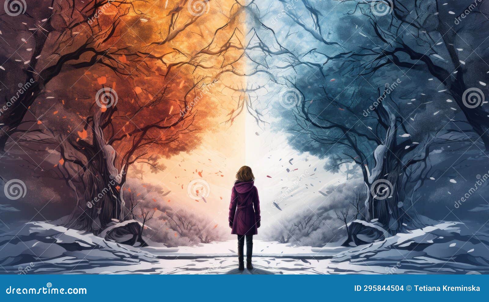 A Split Scene Showing Winter on the Left and Spring on the Right, with ...