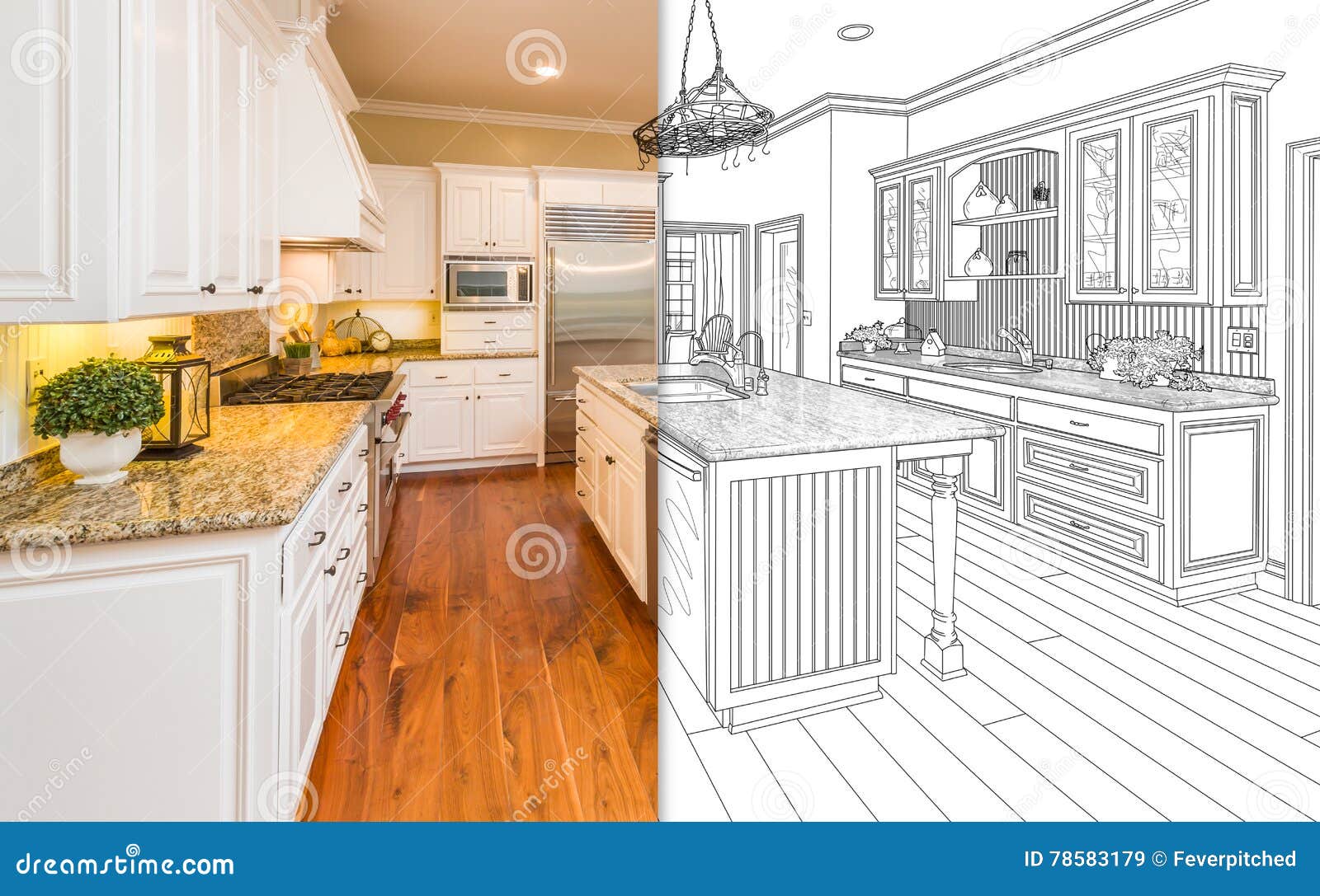 Split Screen of Drawing and Photo of New Kitchen Stock Illustration ...