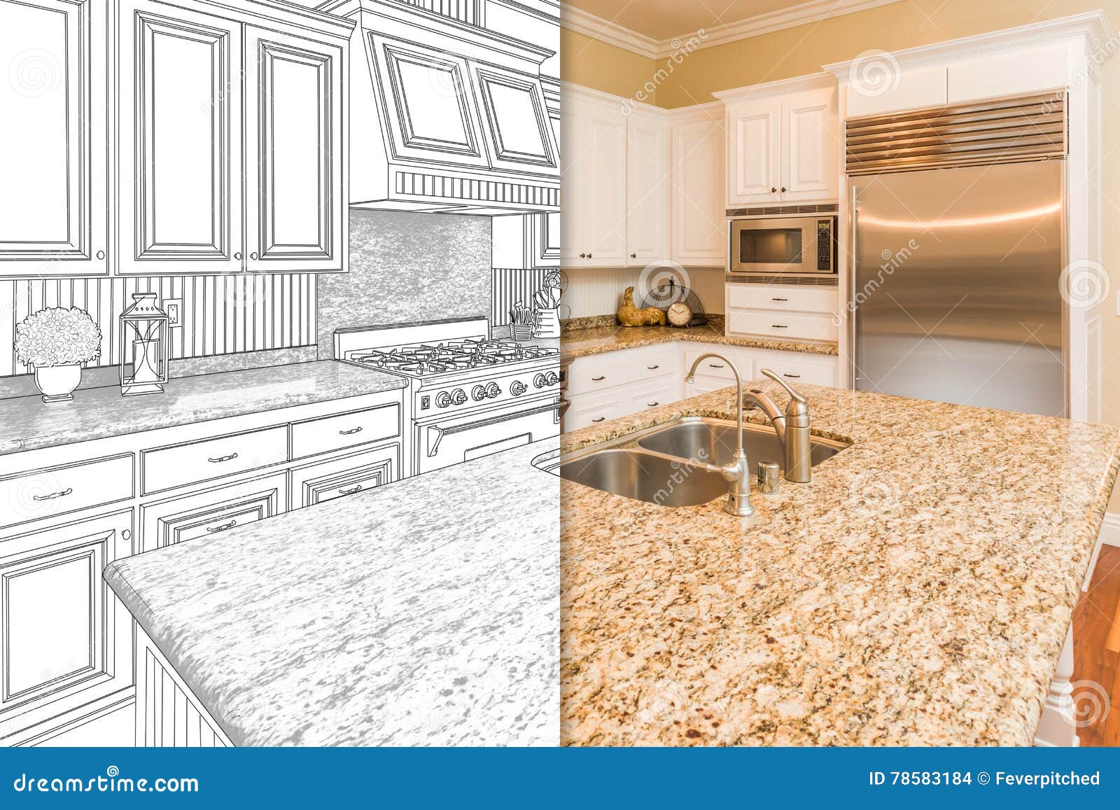 Split Screen of Drawing and Photo of New Kitchen Stock Illustration ...