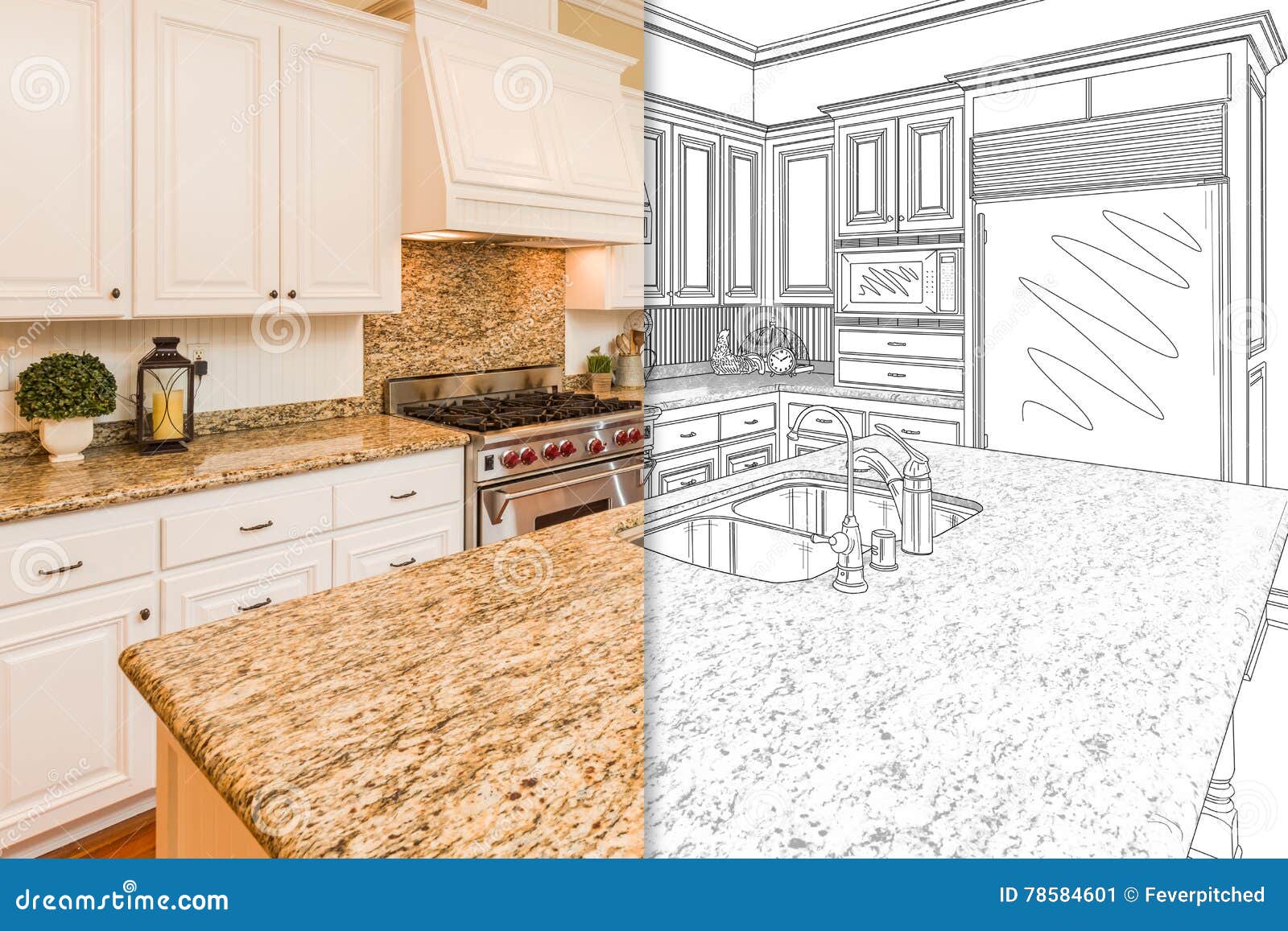 Split Screen of Drawing and Photo of New Kitchen Stock Illustration ...
