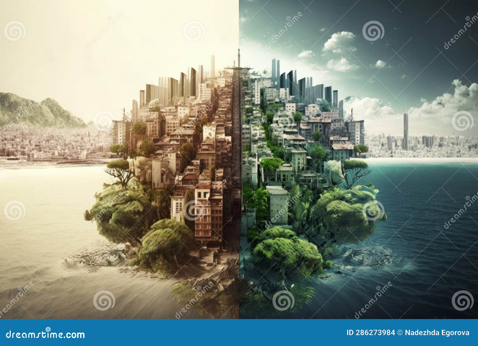 Split Screen of Drought Land and Green City. Ecology Problem, Global ...