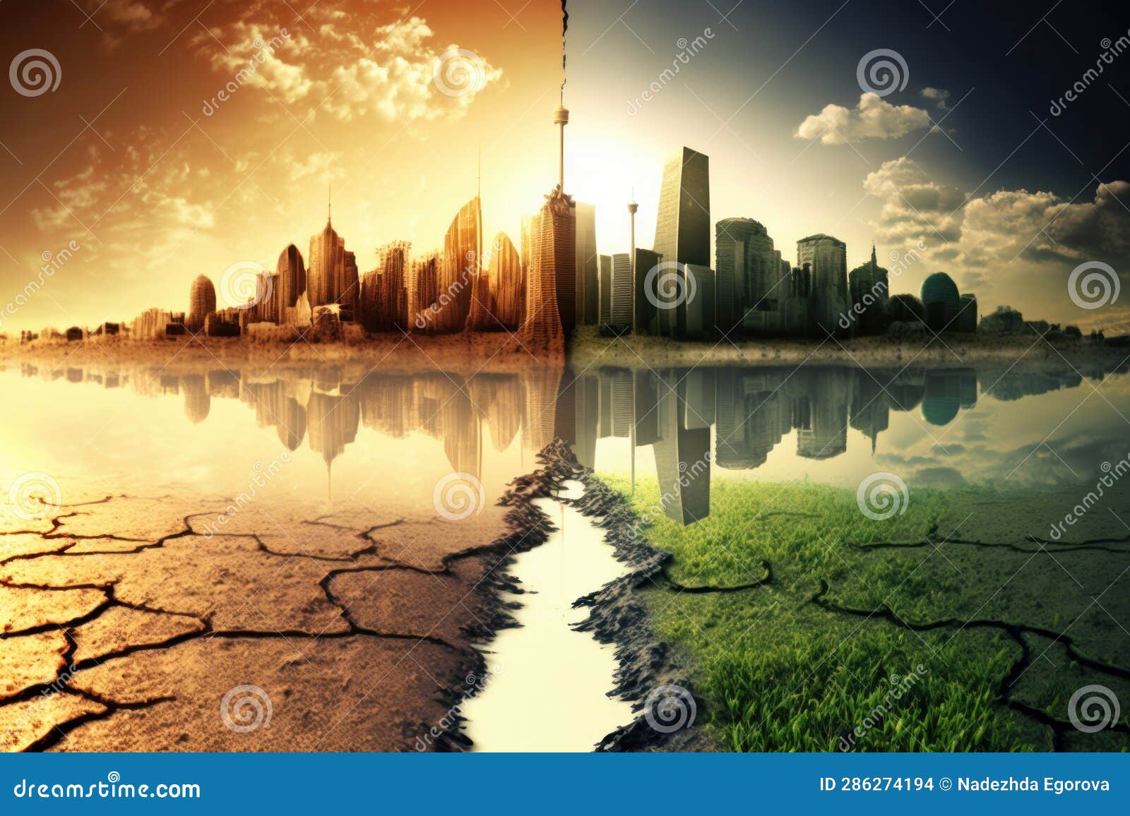 Split Screen of Drought Land and Green City. Ecology Problem, Global ...