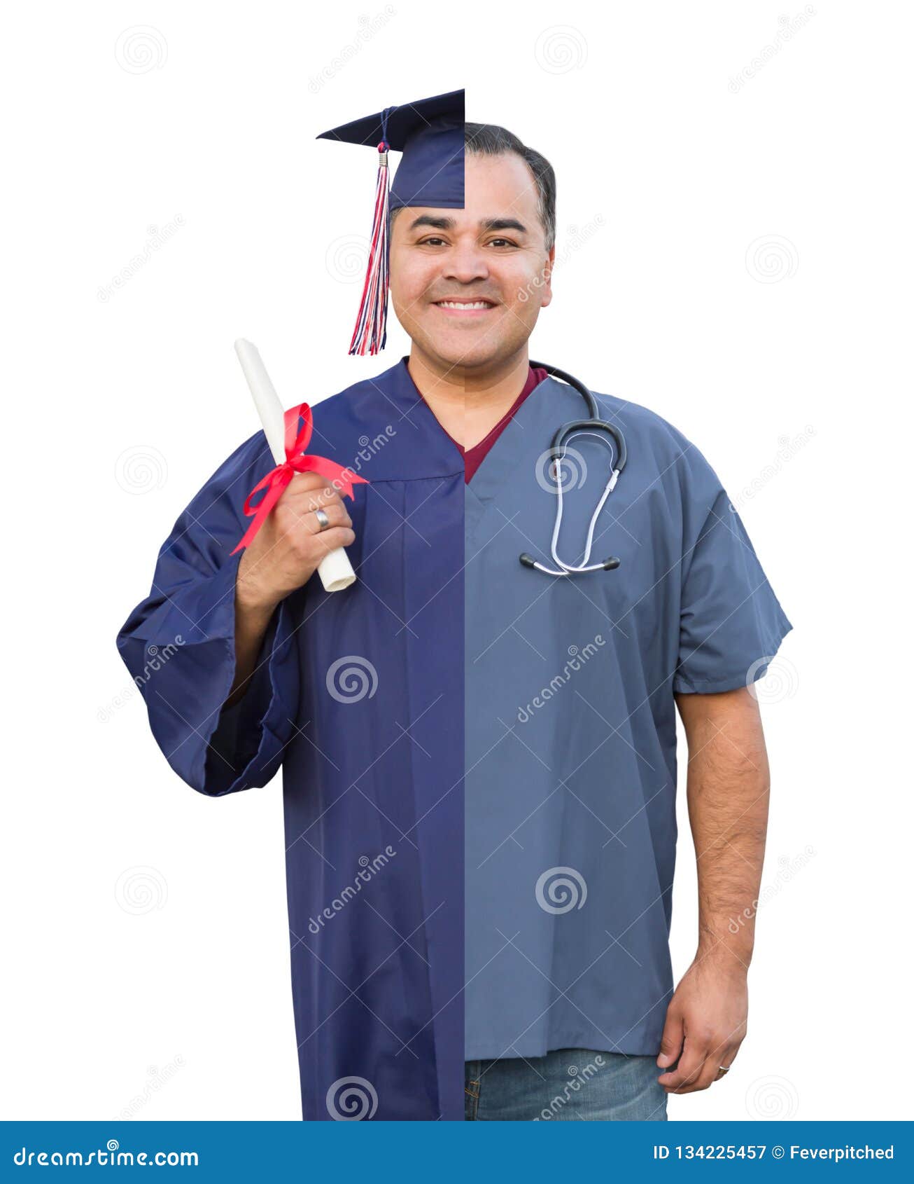 Split Screen of Hispanic Male As Graduate and Nurse Isolated on White ...