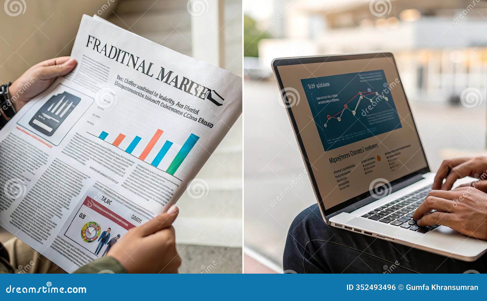 Split Screen Image Showing Traditional Marketing through Newspaper and ...