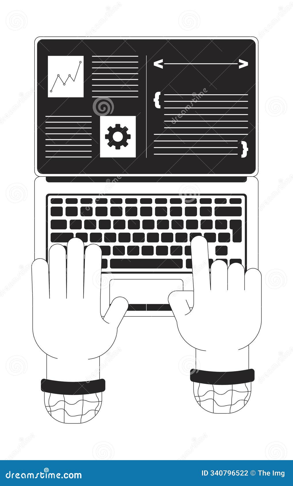 Split Screen on Laptop for Programmer Productivity Black and White 2D Illustration Concept Stock ...