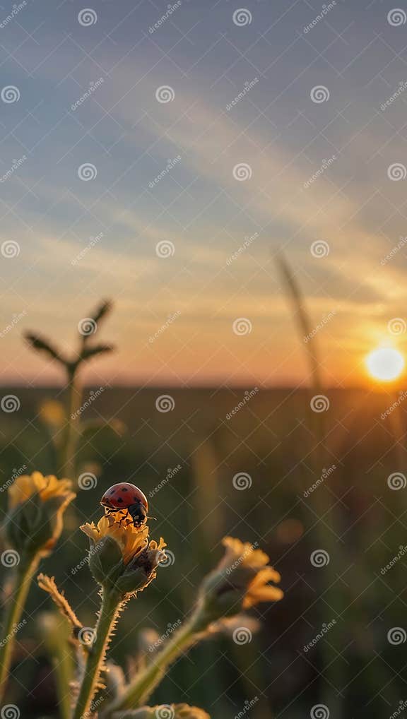 Split-screen of Sunset Field and Ladybug on Flower Stock Illustration ...