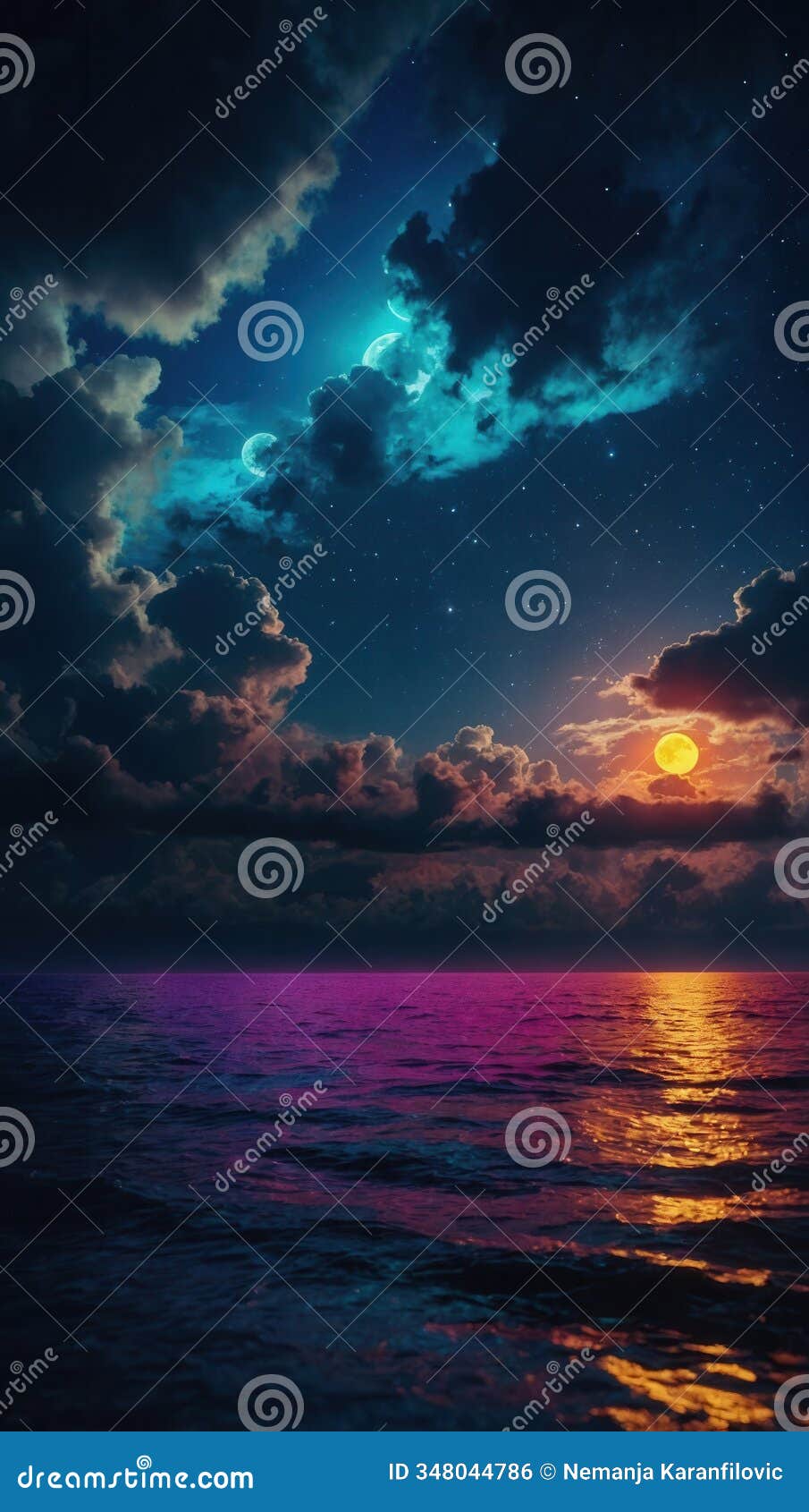 Split-screen View of Crescent Moon and Sunset with Silhouettes of Trees ...