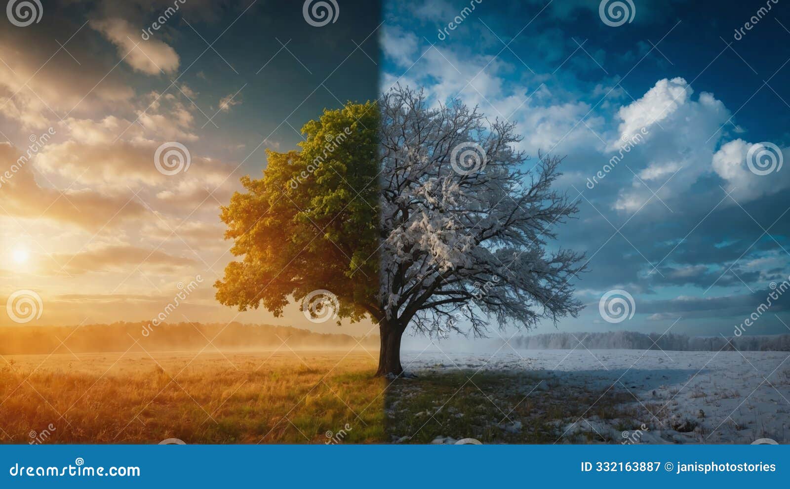 Split Tree Depicting Seasons, Transitioning from Autumn To Winter ...