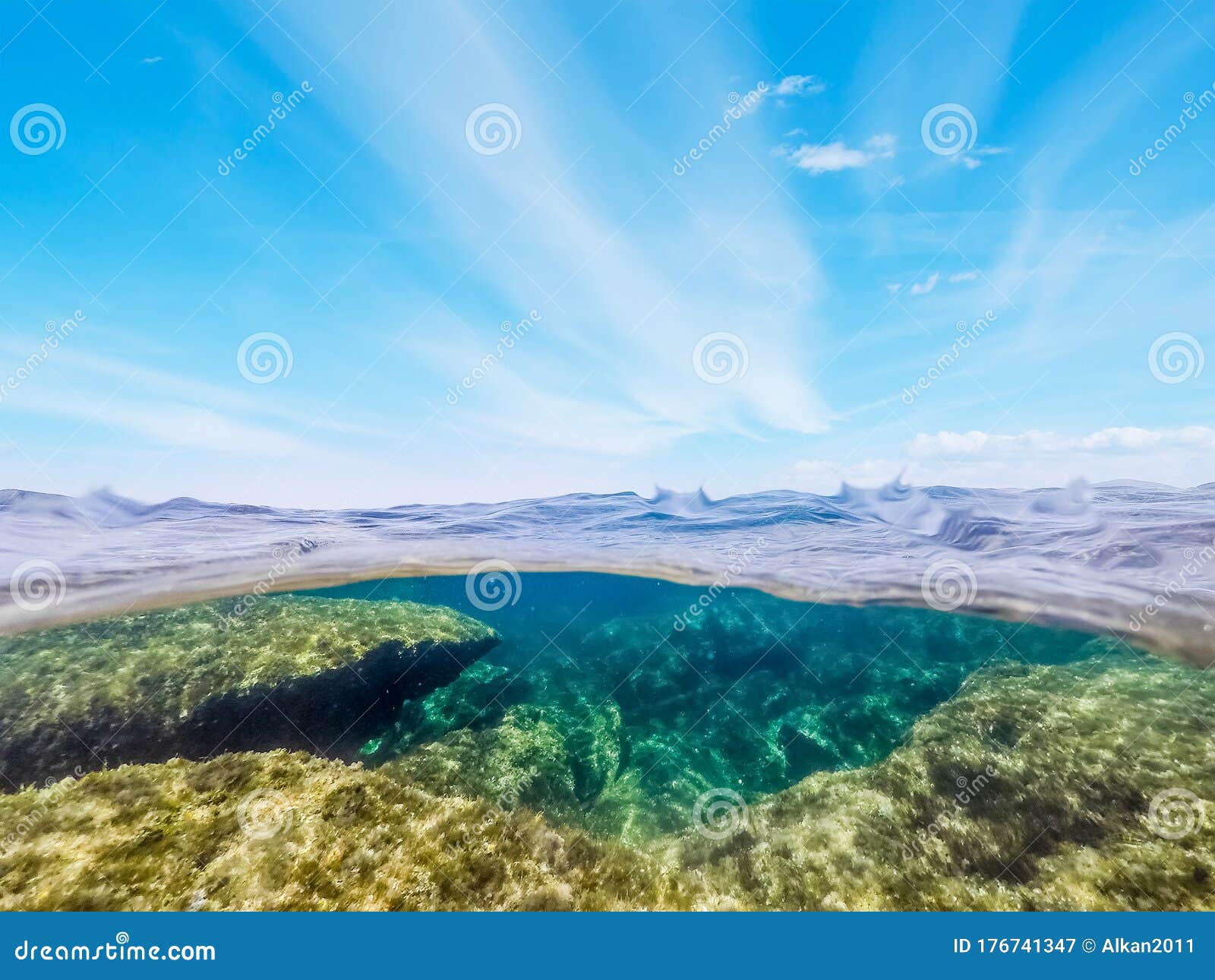 Split Underwater Pool Photo Of Rails And Ladder Stairs Stock ...