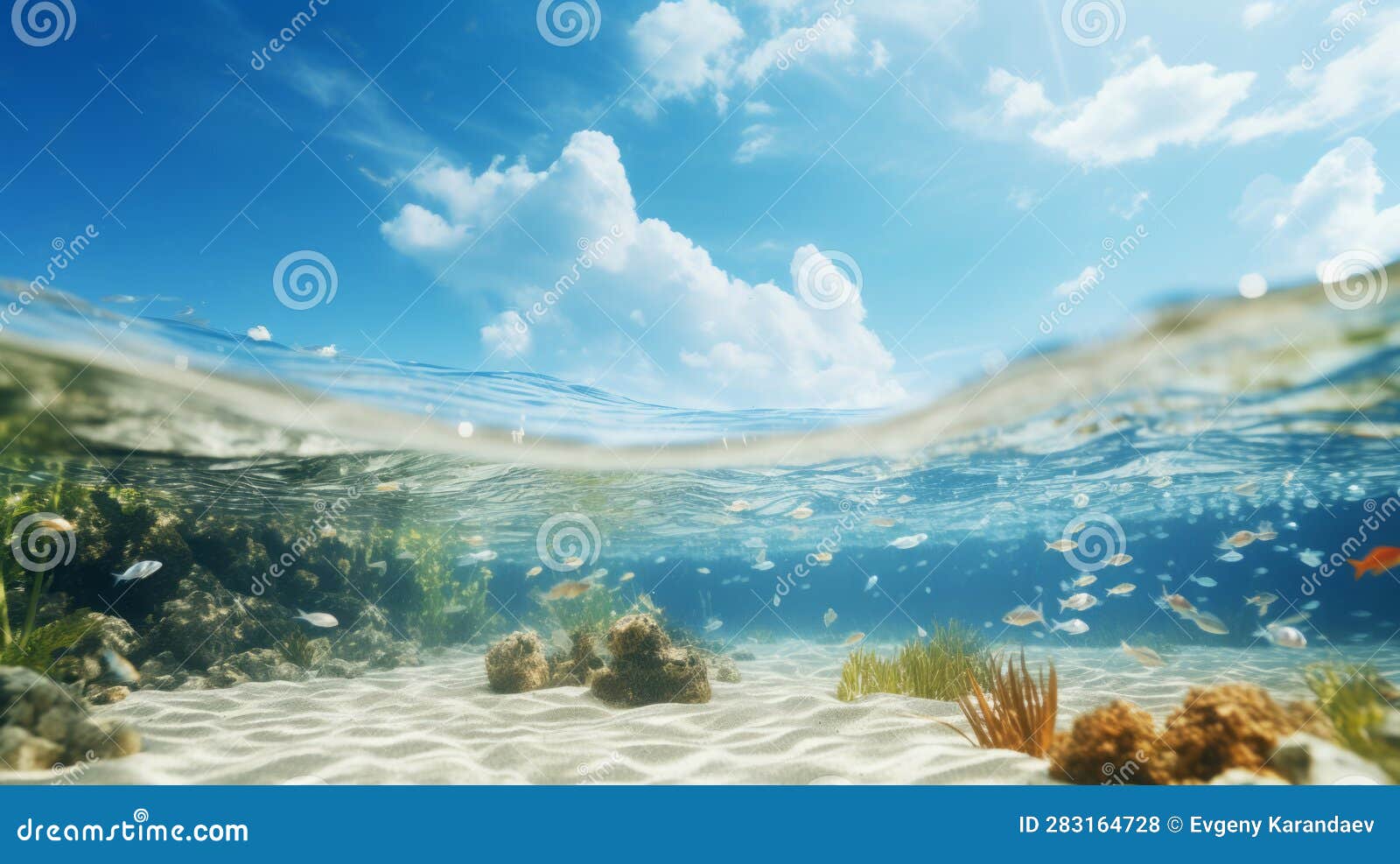 Split Underwater View with Sunny Sky and Serene Sea Stock Illustration ...
