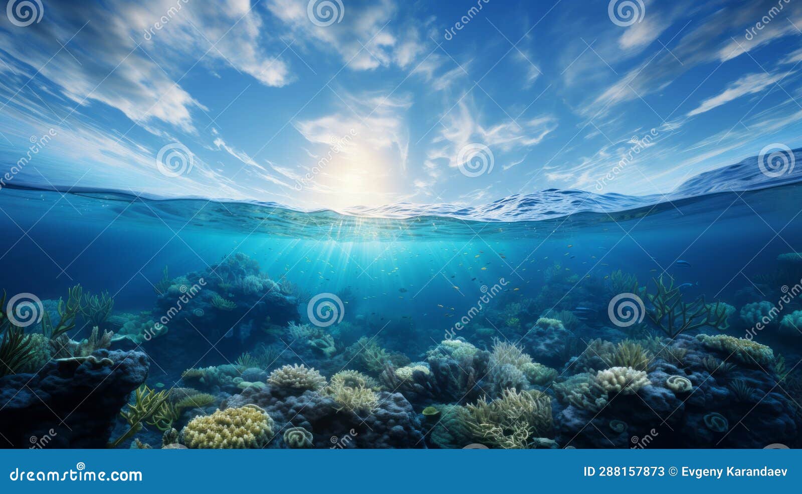 Split Underwater View with Sunny Sky and Serene Sea Stock Illustration ...