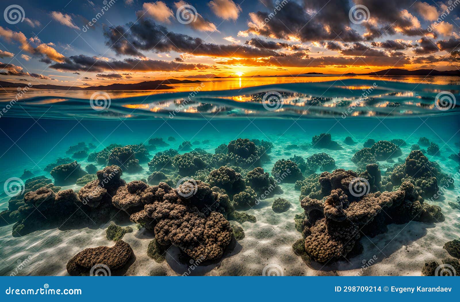 Split Underwater View with Sunny Sky and Serene Sea Stock Illustration ...