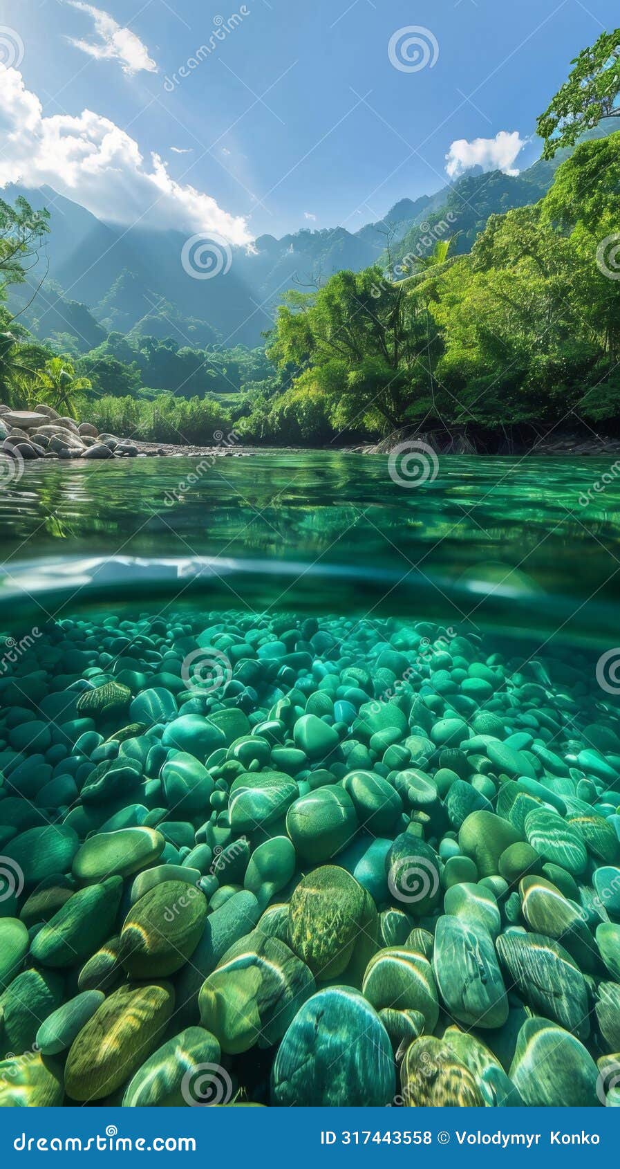 Split View of a Crystal-clear River with Colorful Pebbles and Lush ...