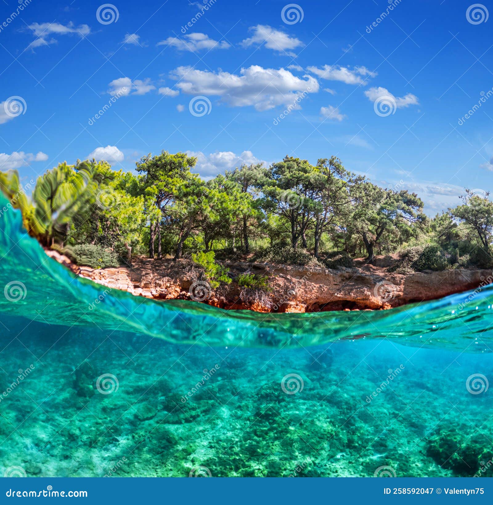 Split View - Half Underwater View of Beautiful Seabed and Rocky ...