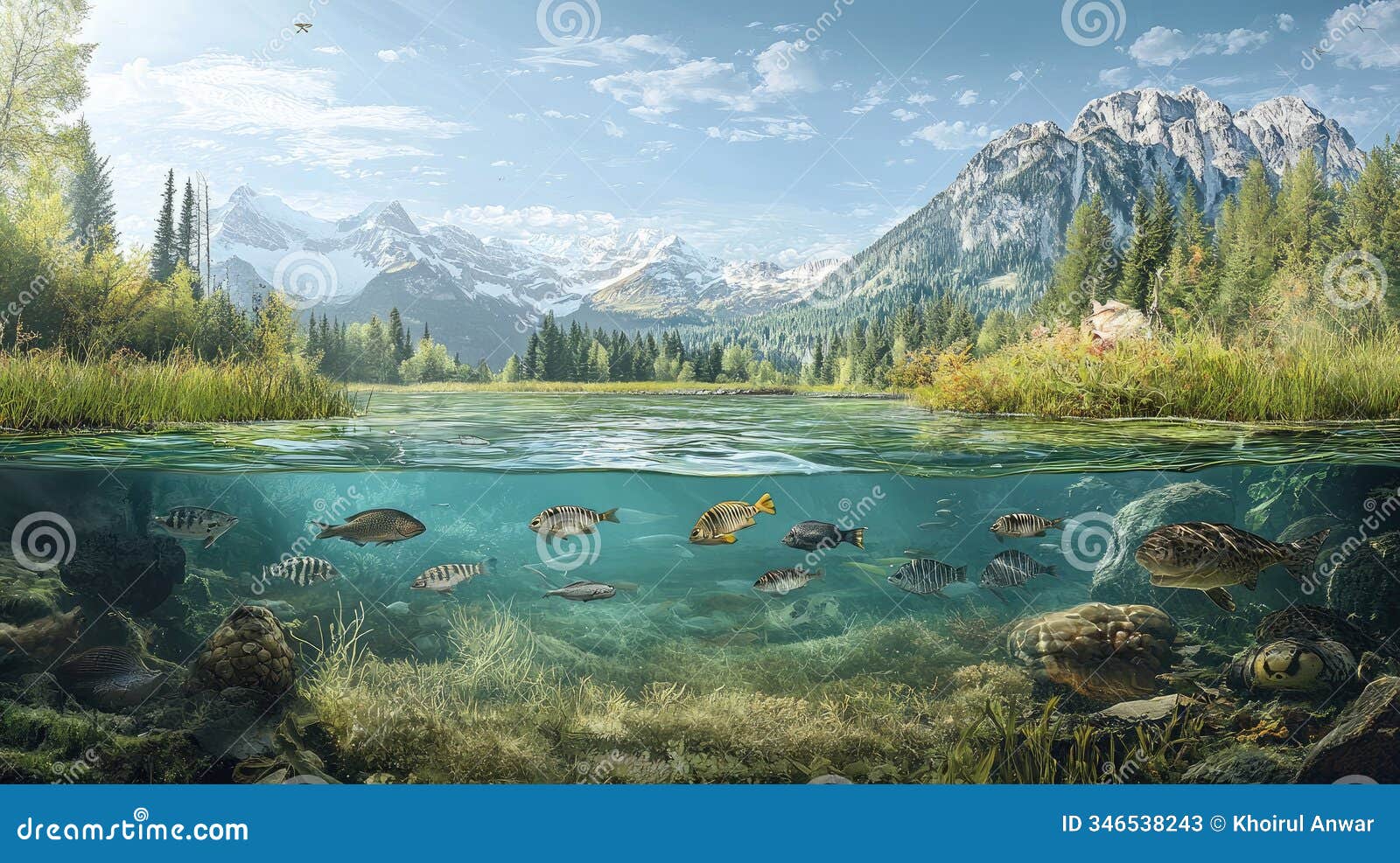 A Split View Landscape Showing a Mountain Lake and Underwater View with ...