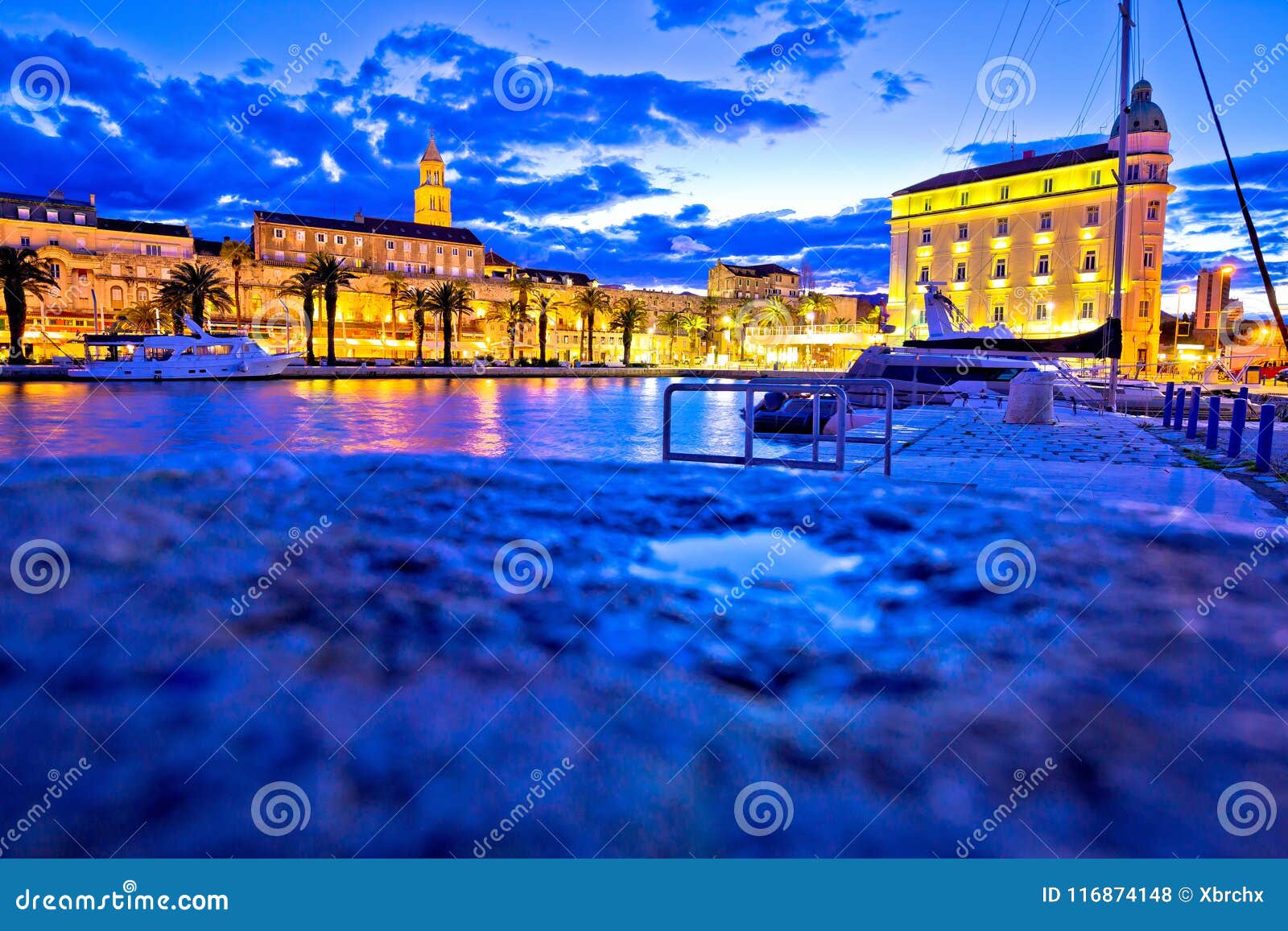 Split Waterfront Landmarks Evening View Stock Photo - Image of palm ...
