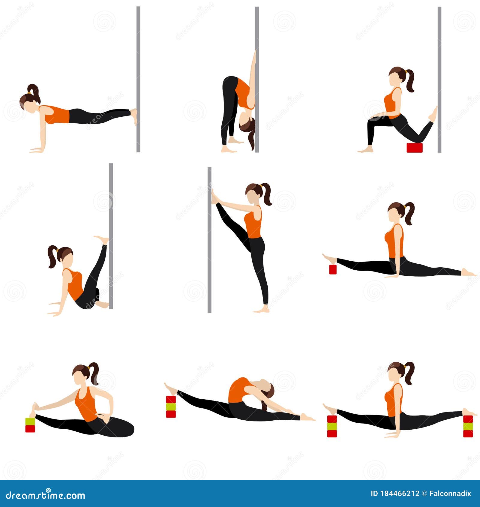 Splits with Blocks and a Wall Stretching Yoga Asanas Set Stock Vector ...