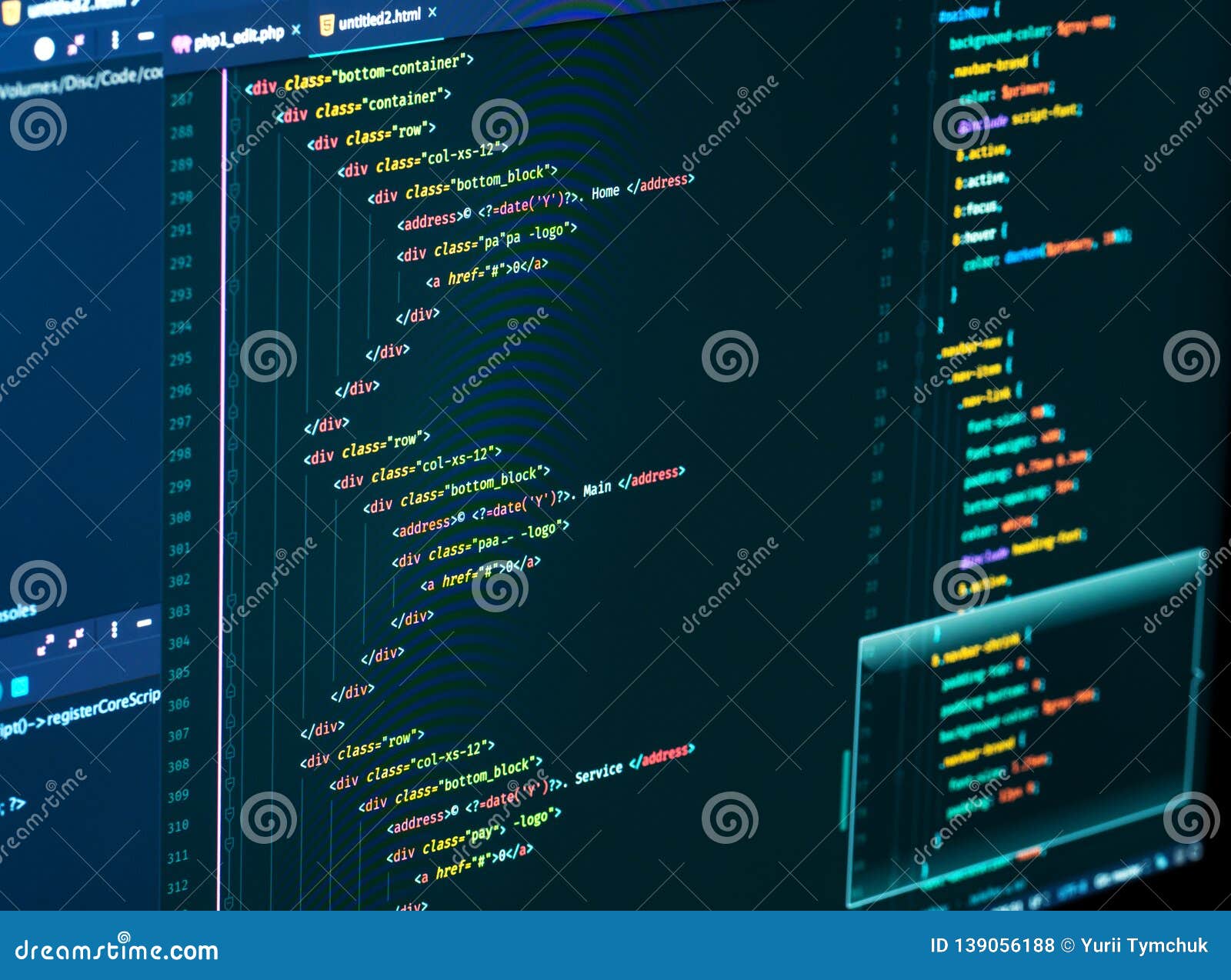 Splitting Of Html And Css In The Code Editor On The Monitor Close Up Web Design And Web