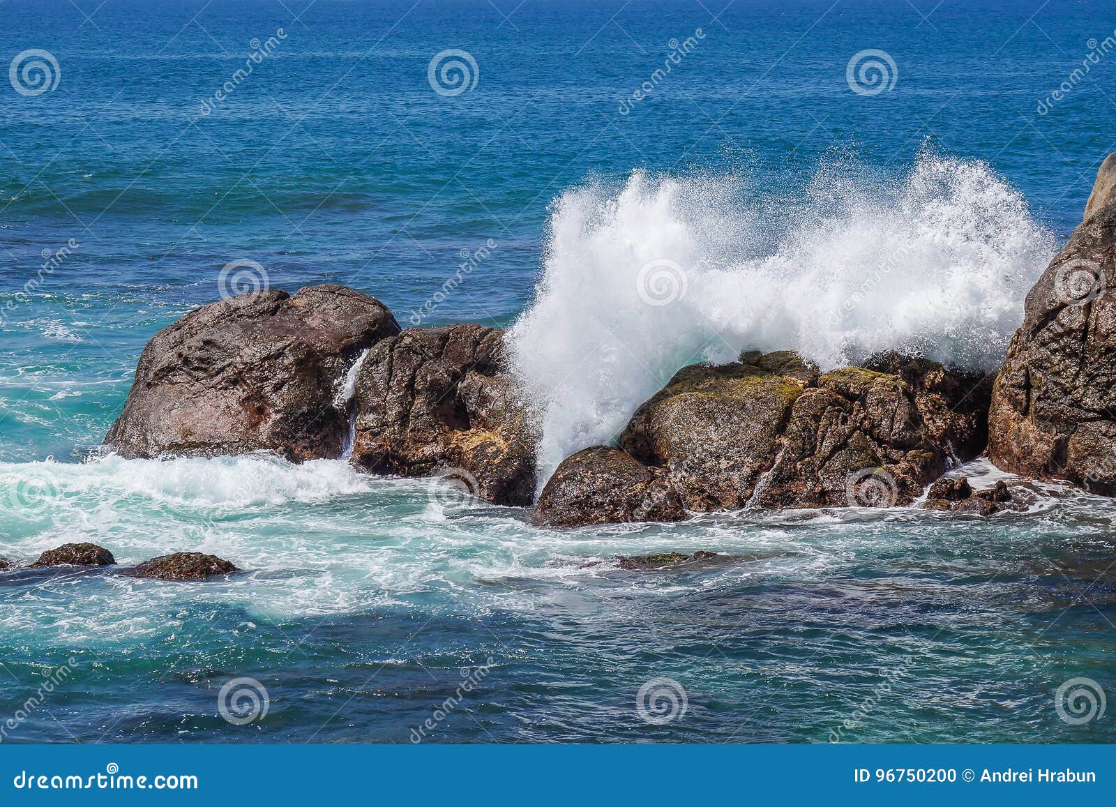 Splitting the Sea Wave on the Stone Shore Stock Photo - Image of spray ...