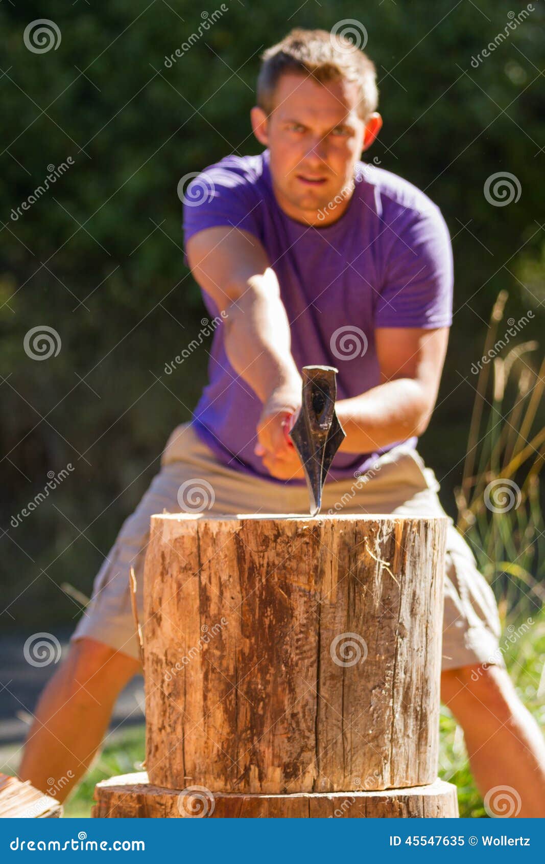 Man Splitting Wood And Cutting Firewood With Axe Stock Photography ...