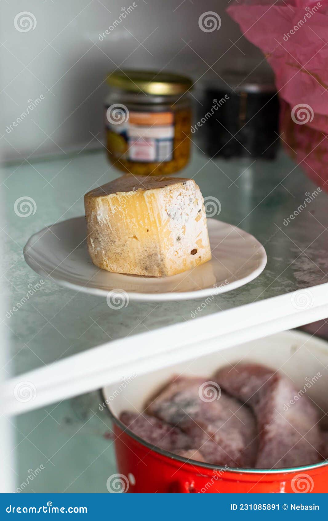 Spoiled Cheese Covered with Mold on a Shelf in the Refrigerator Stock ...