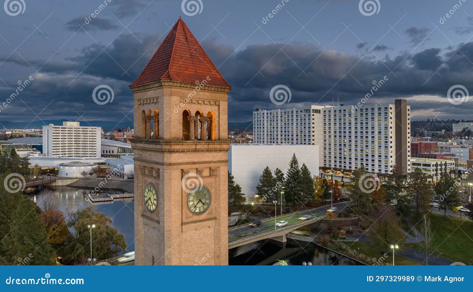 Spokane Clock Tower Downtown Hotel River Stock Image - Image of park ...