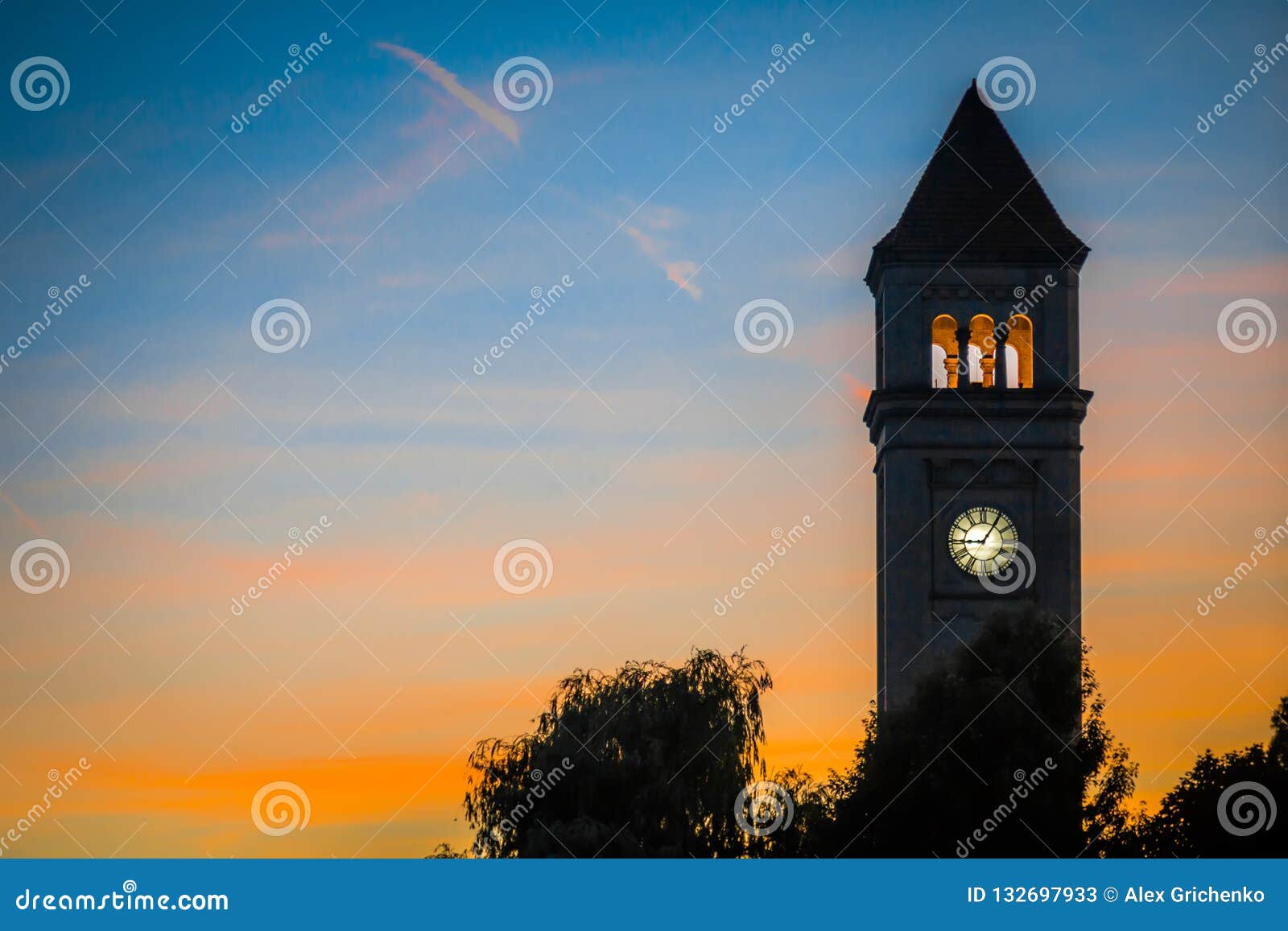 Spokane Downtown Clock Tower in Park at Sunset Stock Image - Image of ...