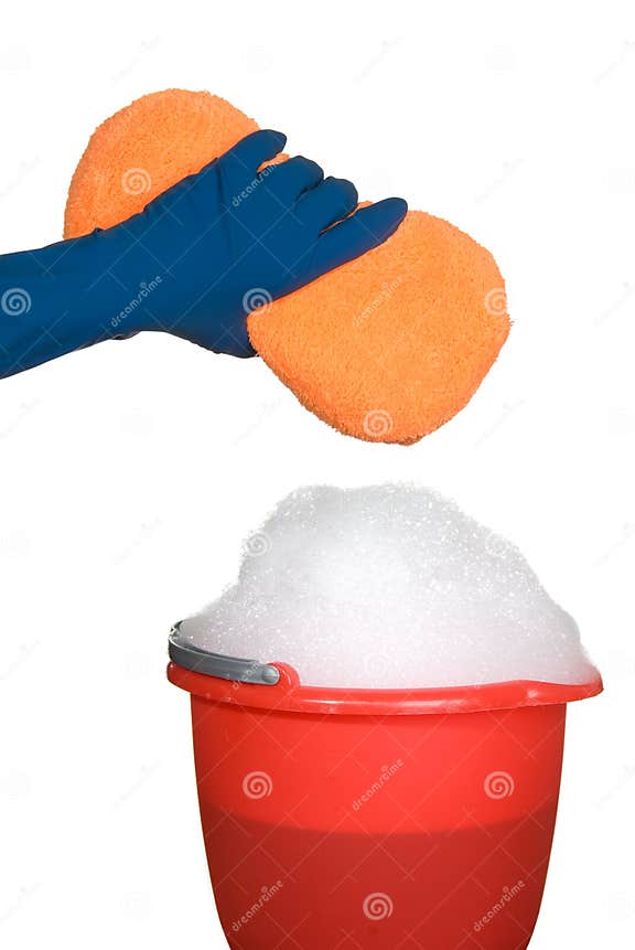 Sponge, Bucket and Soapy Water Stock Photo - Image of squeeze, green ...