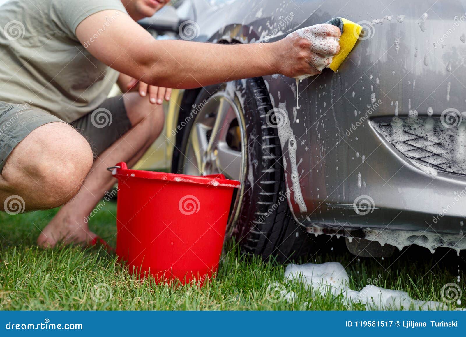 Sponge And Bucket Man Washing His Car Stock Image Image Of Rear