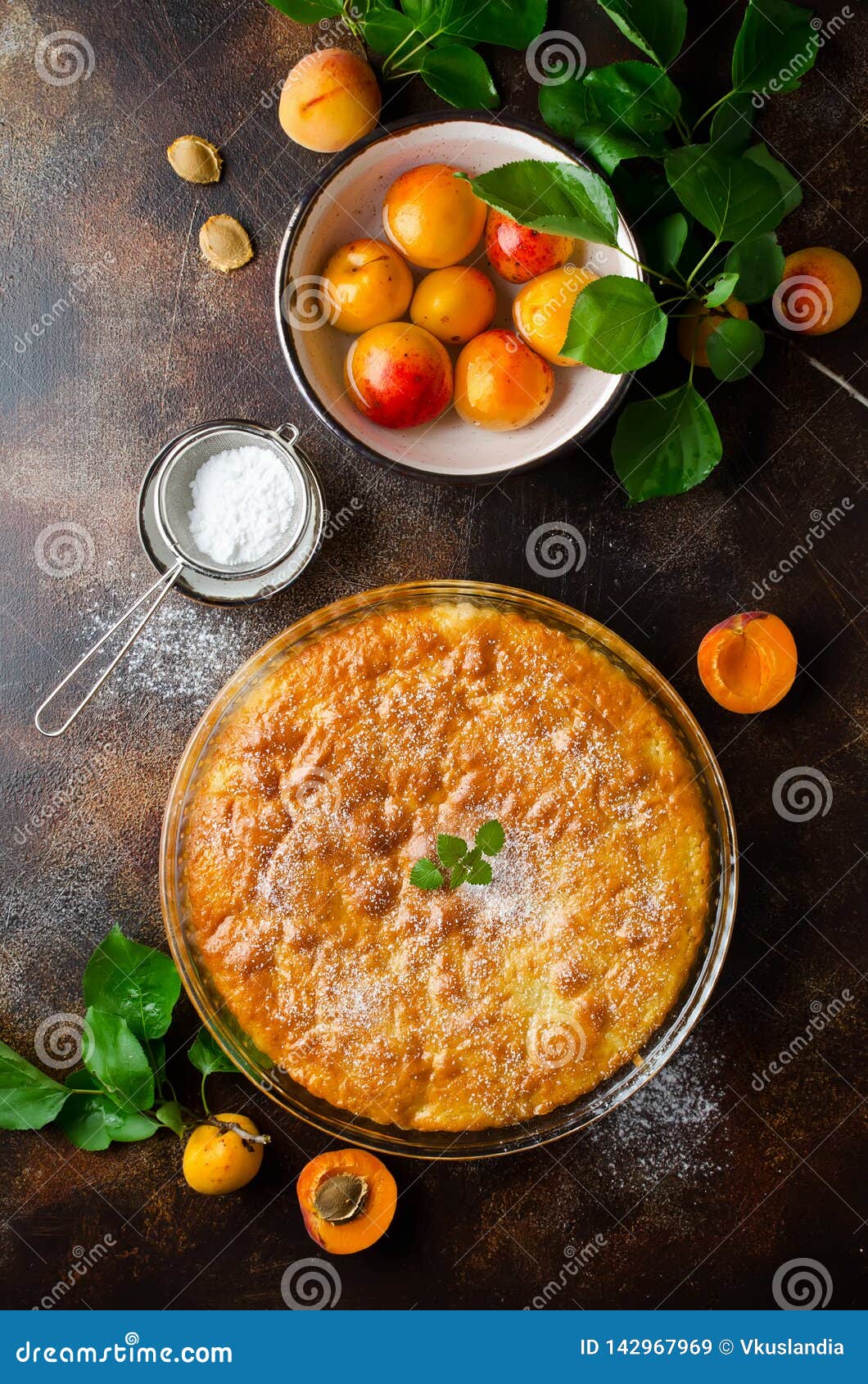 Sponge Cake with Apricots, Dusted with Icing Sugar Stock Image - Image ...