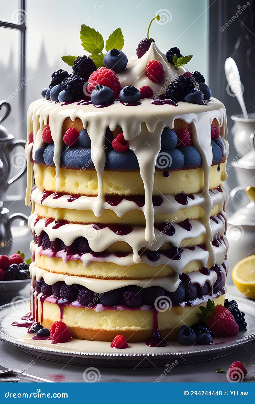A Sponge Cake with Eight 8 Layers Filled with Cream and Berries ...