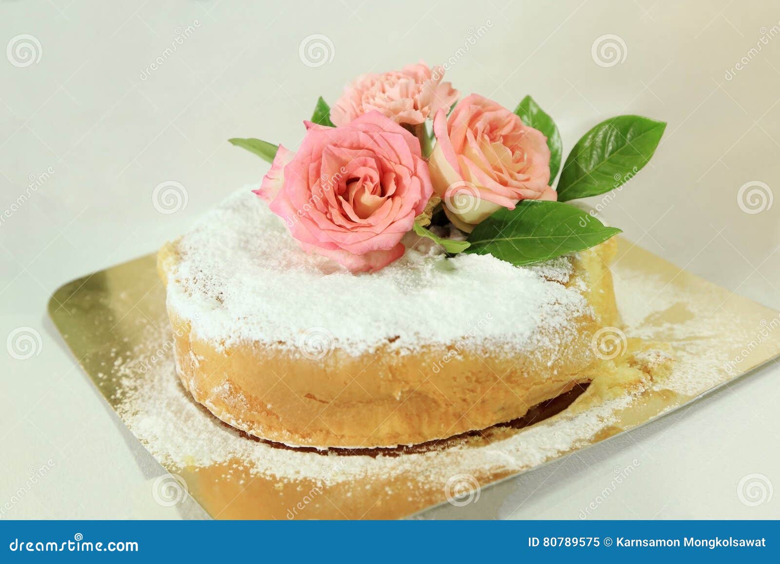 Sponge Cake with Icing and Real Pink Roses Stock Image - Image of ...