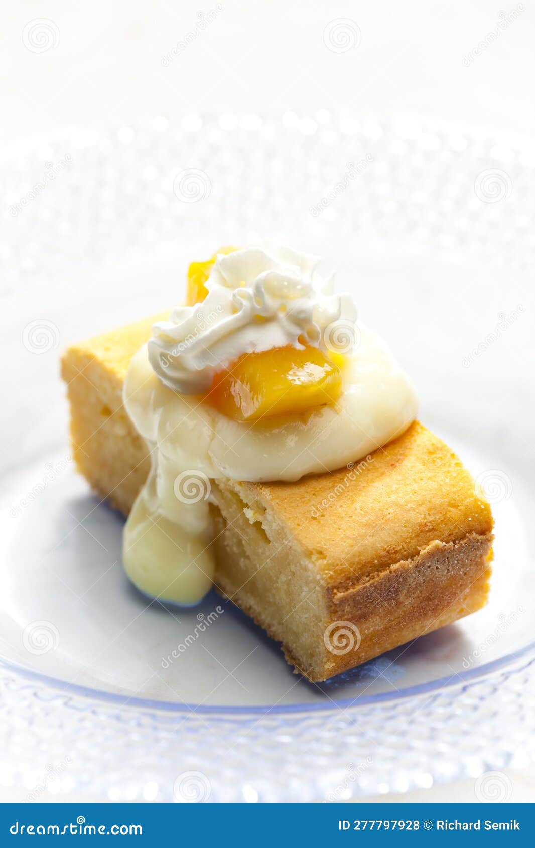 Sponge Cake with Vanilla Custard, Peach and Whipped Cream Stock Photo ...