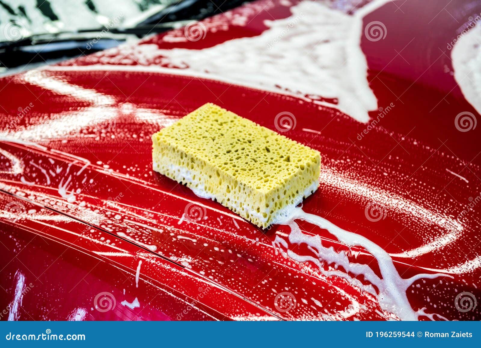 Sponge Over the Red Car for Washing. Stock Photo - Image of soap ...