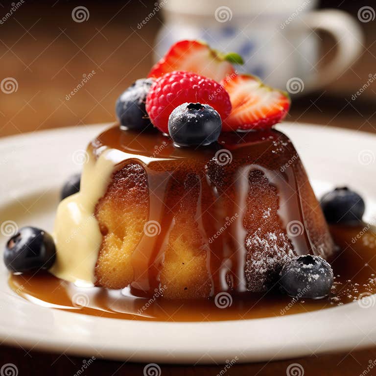 Sponge Pudding with Maple Syrup, Custard, and Berries Stock ...