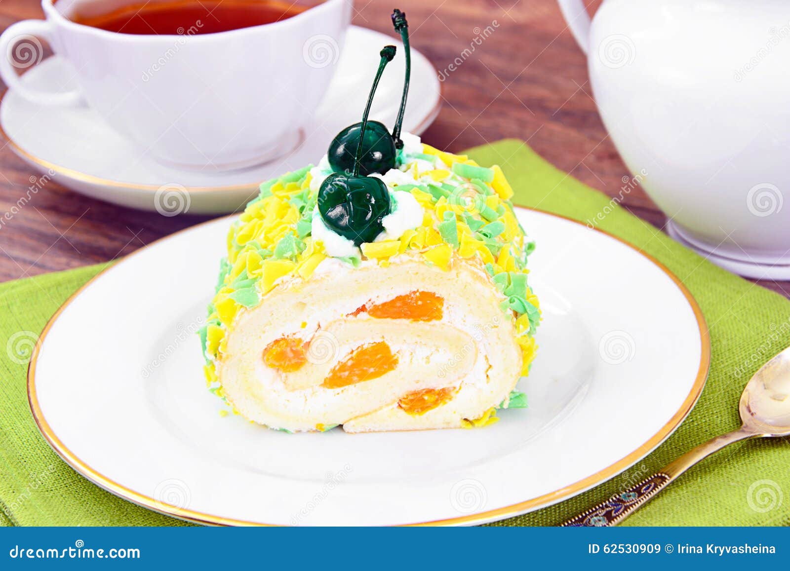 Sponge Roulade with Cream, Mandarin and Cherry Stock Image - Image of ...