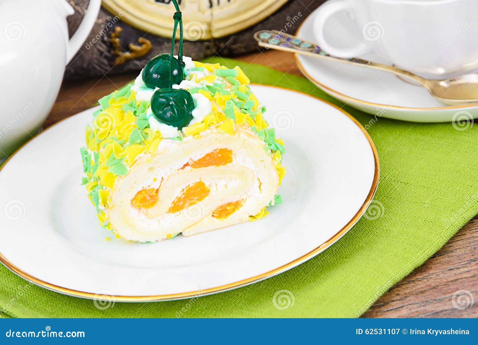 Sponge Roulade with Cream, Mandarin and Cherry Stock Image - Image of ...