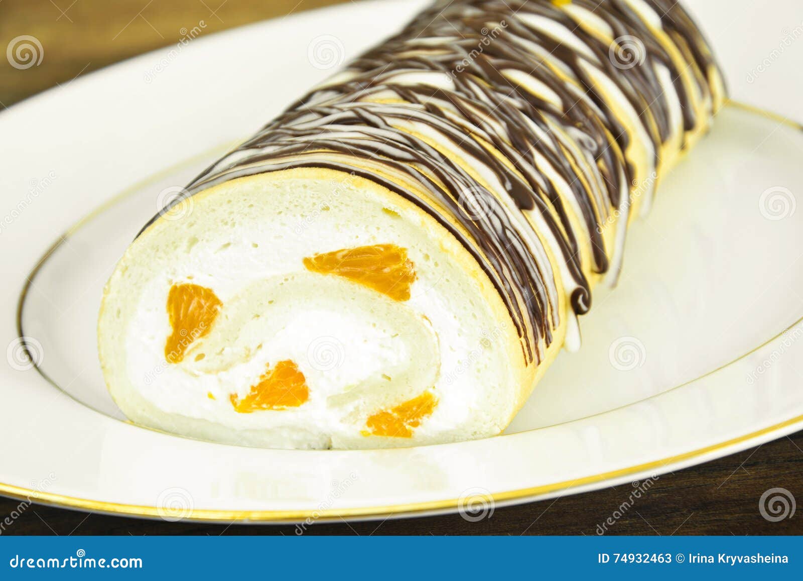 Sponge Roulade with Cream, Mandarin and Cherry Stock Image - Image of ...