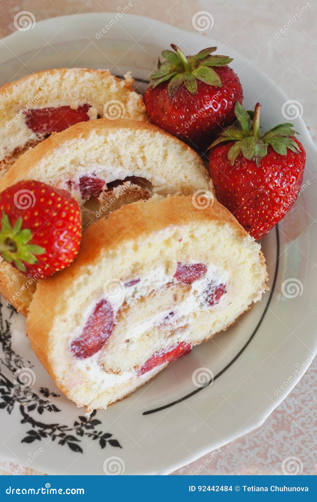Sponge Roulades with Cream and Fresh Strawberries, Close-up Stock Photo ...