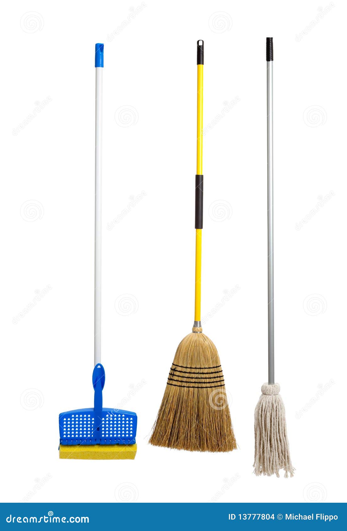 Sponge and String Mop and Broom on White Stock Photo - Image of closeup ...