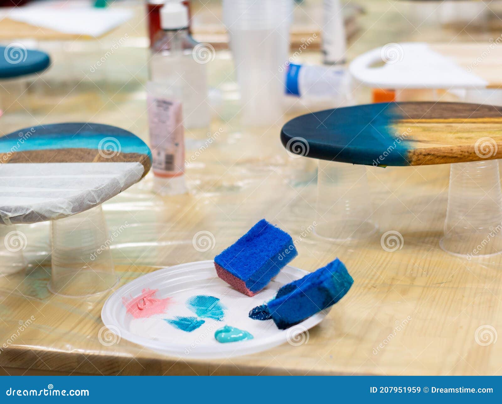 Sponges with the Paint Boards Decorating a Wooden Stock Image - Image ...