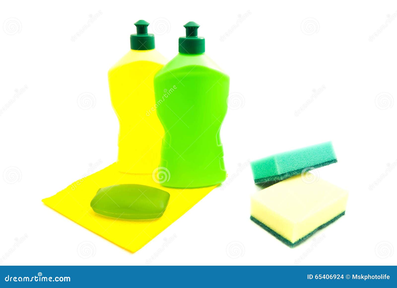 Sponges, Soap, Rag and Bottles Stock Photo - Image of cleaning, green ...