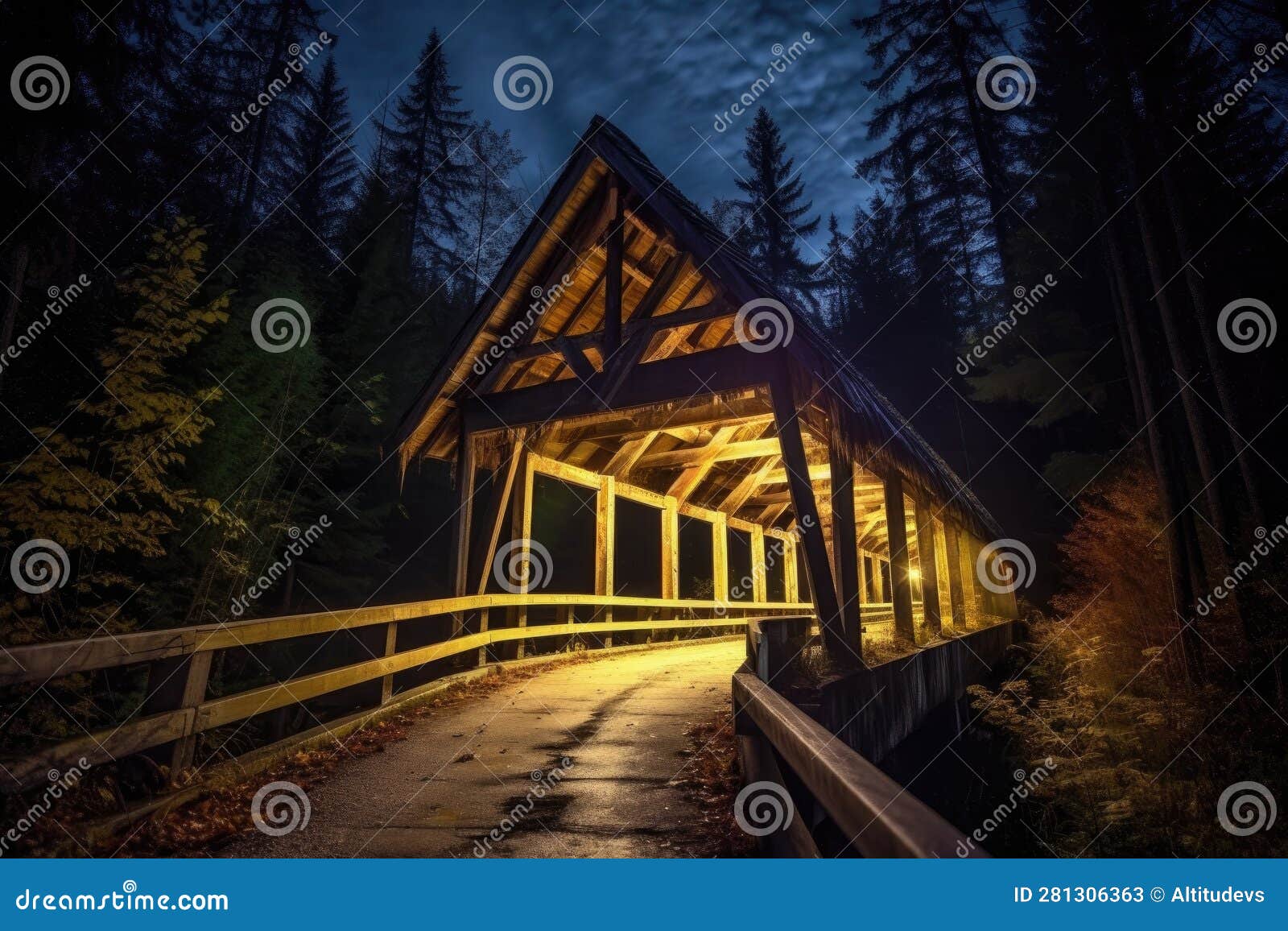Spooky, Abandoned Covered Bridge at Night Stock Illustration ...