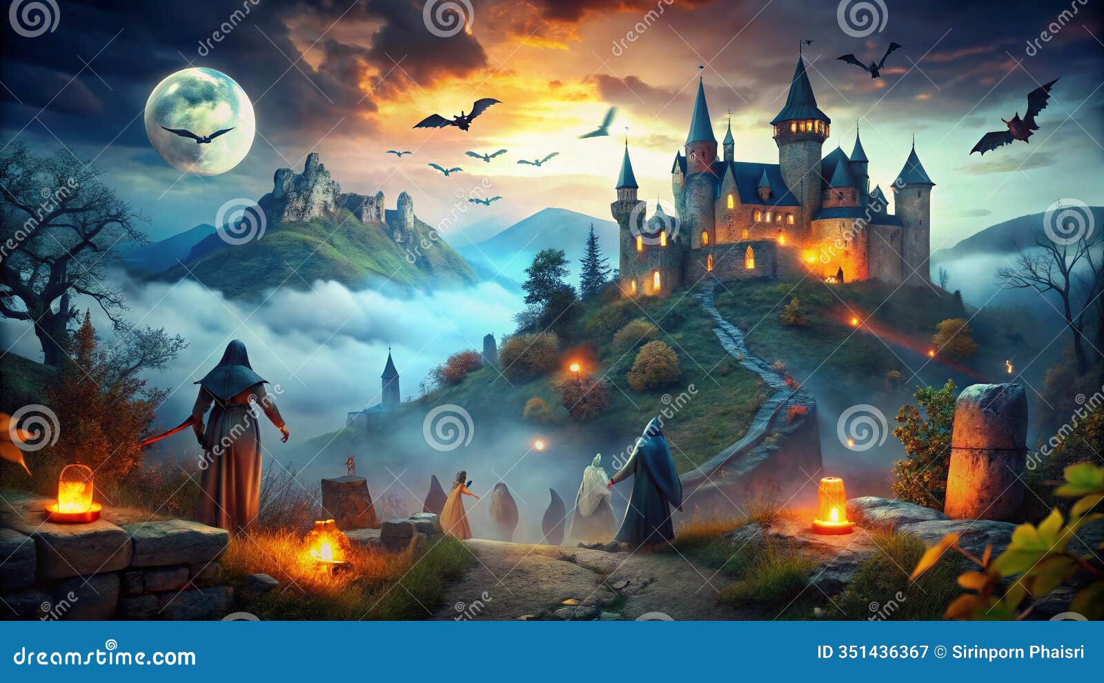 A Spooky Aerial Halloween Border a Design Background Featuring Ghosts ...