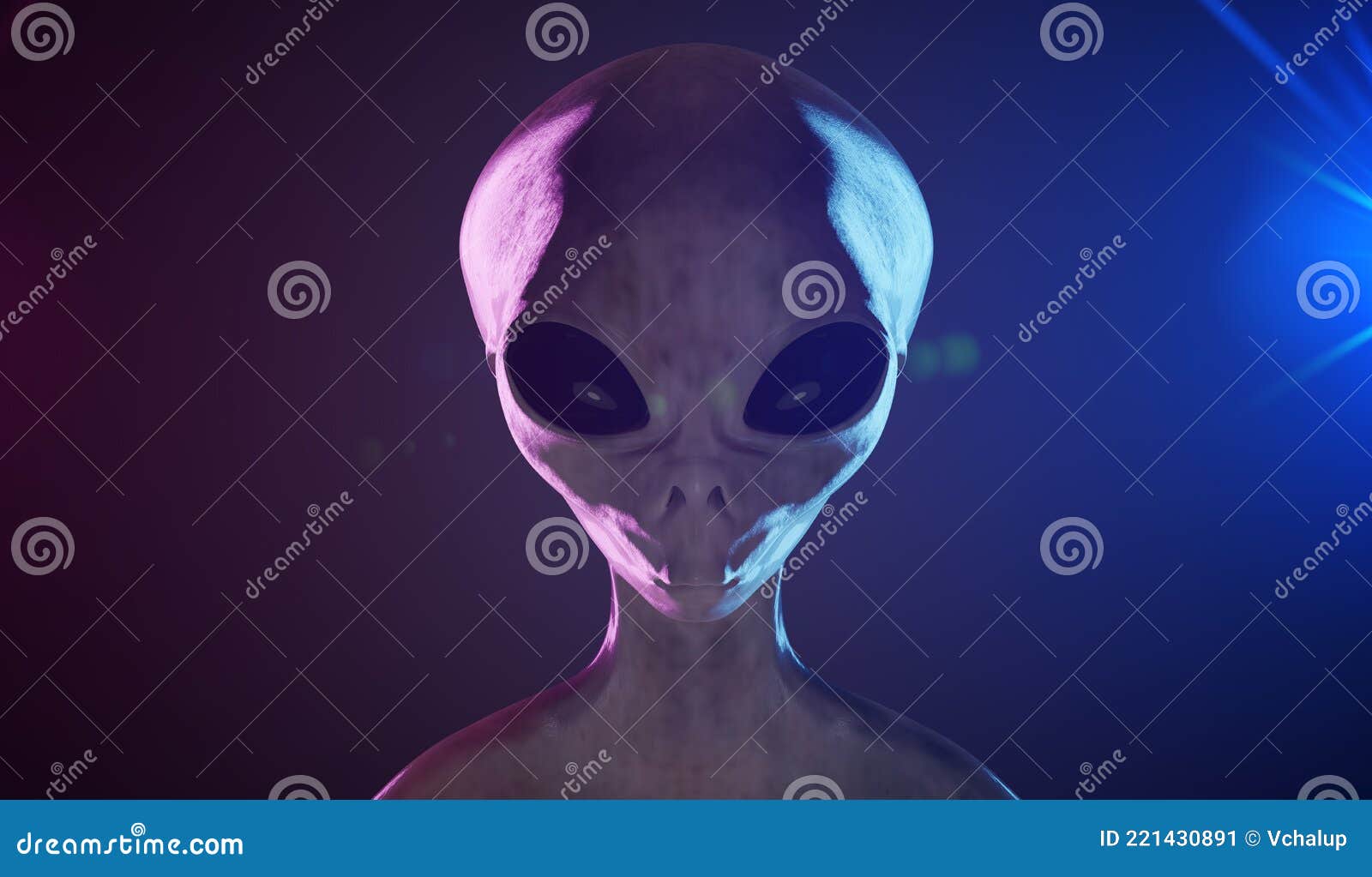 Spooky Alien`s Face on Black Background. Red and Blue Lights. 3D ...