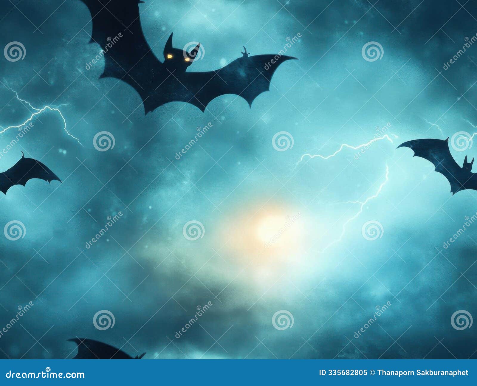 Spooky Bats Flying through a Dark, Stormy Sky Illuminated by Flashes of ...