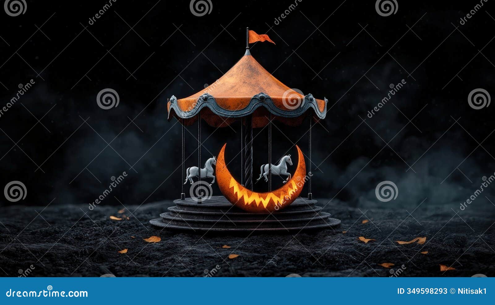Spooky Carousel with Animated Horses Halloween Theme Dark Background ...