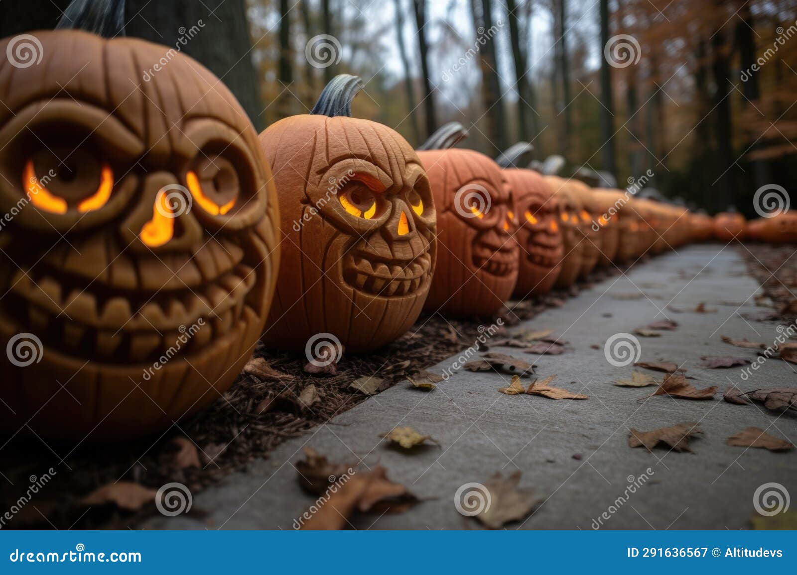Spooky Carved Pumpkins Lined Up Stock Image - Image of festive ...
