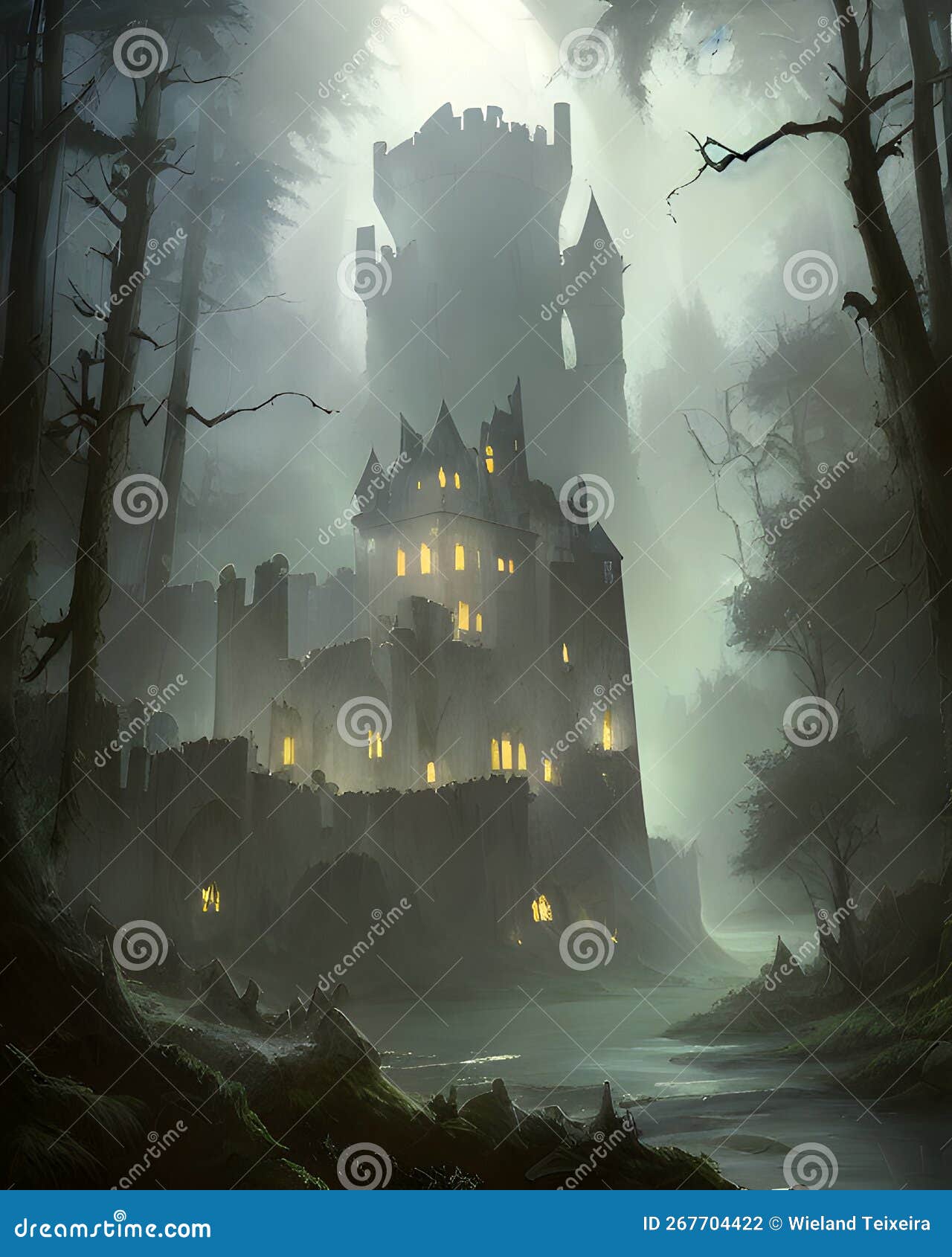 Spooky Castle in the Moonlight Stock Illustration - Illustration of ...